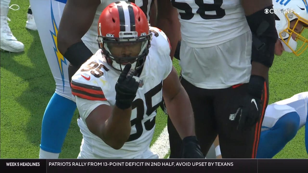 Cleveland Browns defensive end Myles Garrett plows past offensive ...