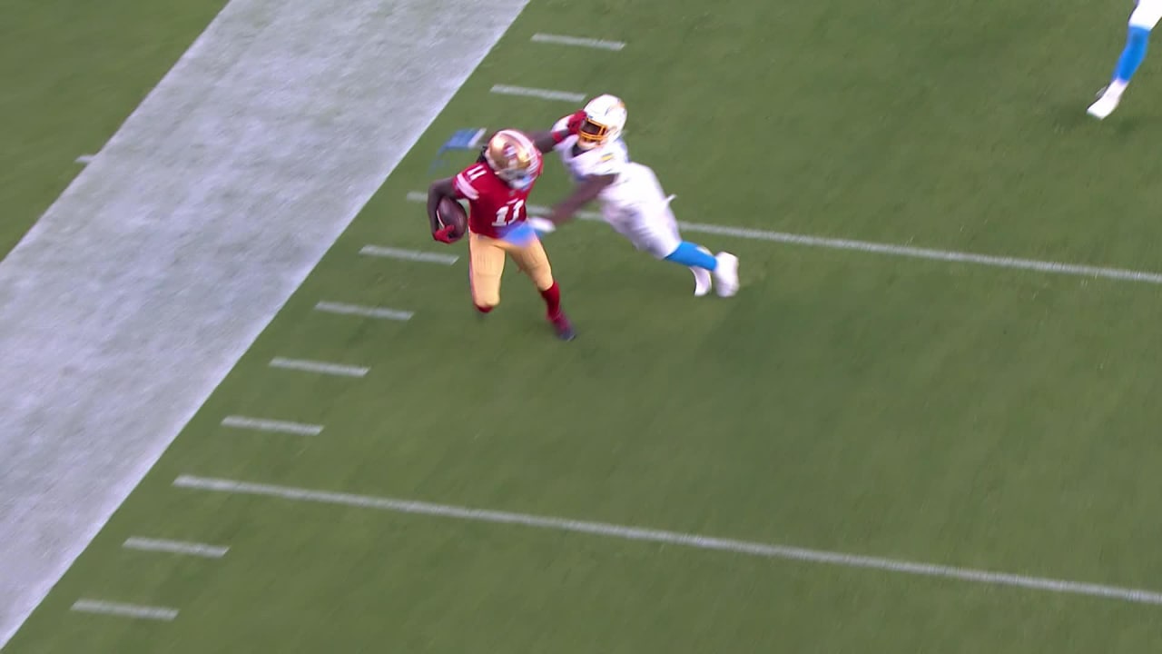 San Francisco 49ers wide receiver Brandon Aiyuk breaks free along the ...