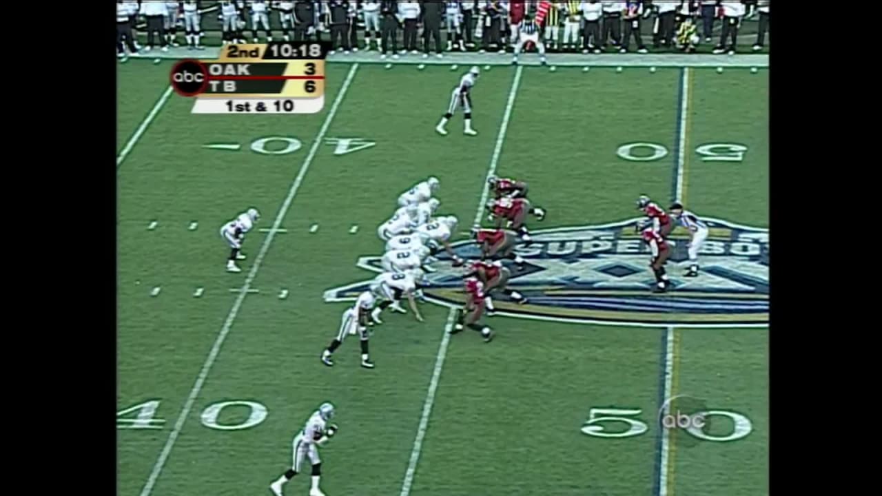 Tampa Bay Buccaneers safety Dexter Jackson intercepts Oakland Raiders quarterback Rich Gannon on ...