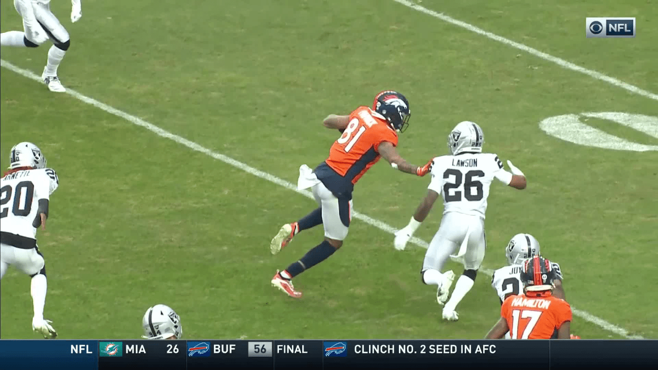 Denver Broncos wide receiver Tim Patrick stiff-arms DB on 29-yard catch ...