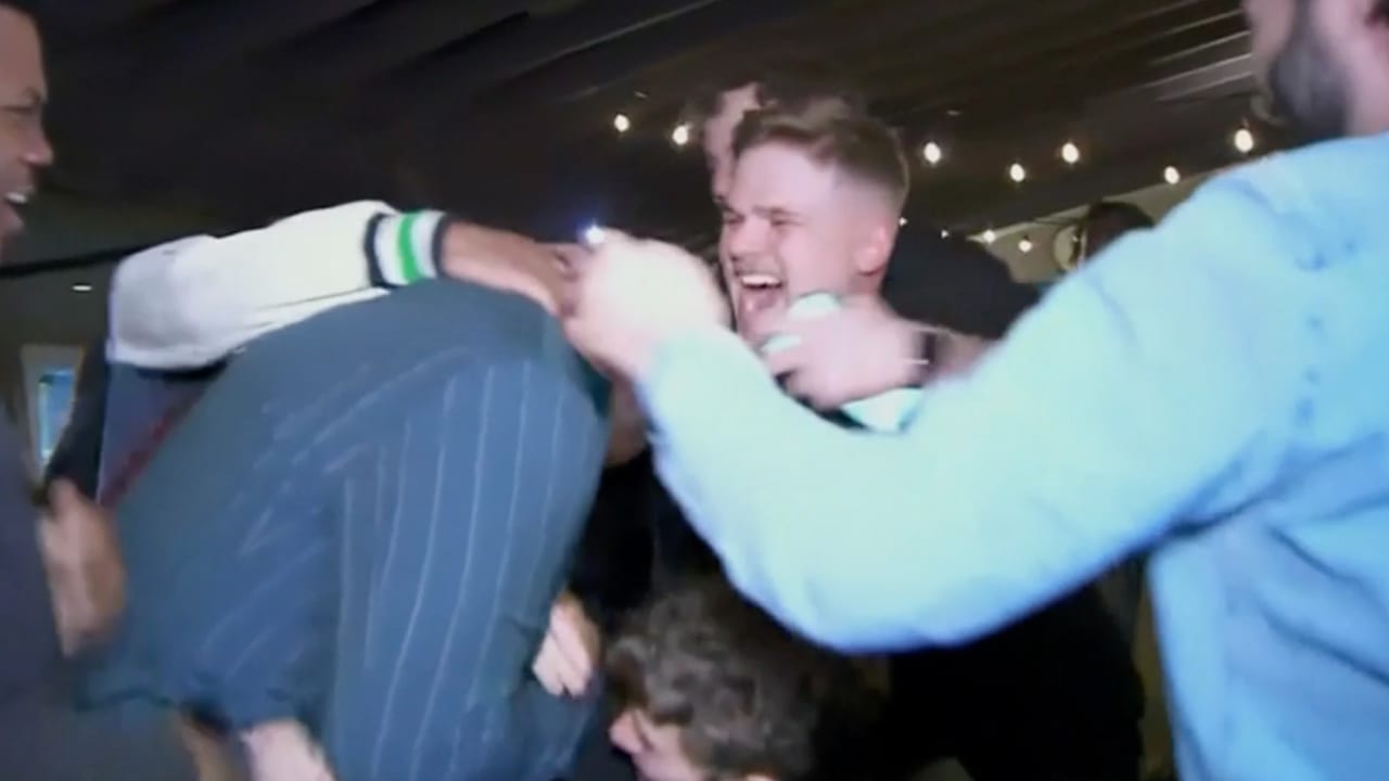 Offensive tackle Matthew Bergeron celebrates with friends after being ...