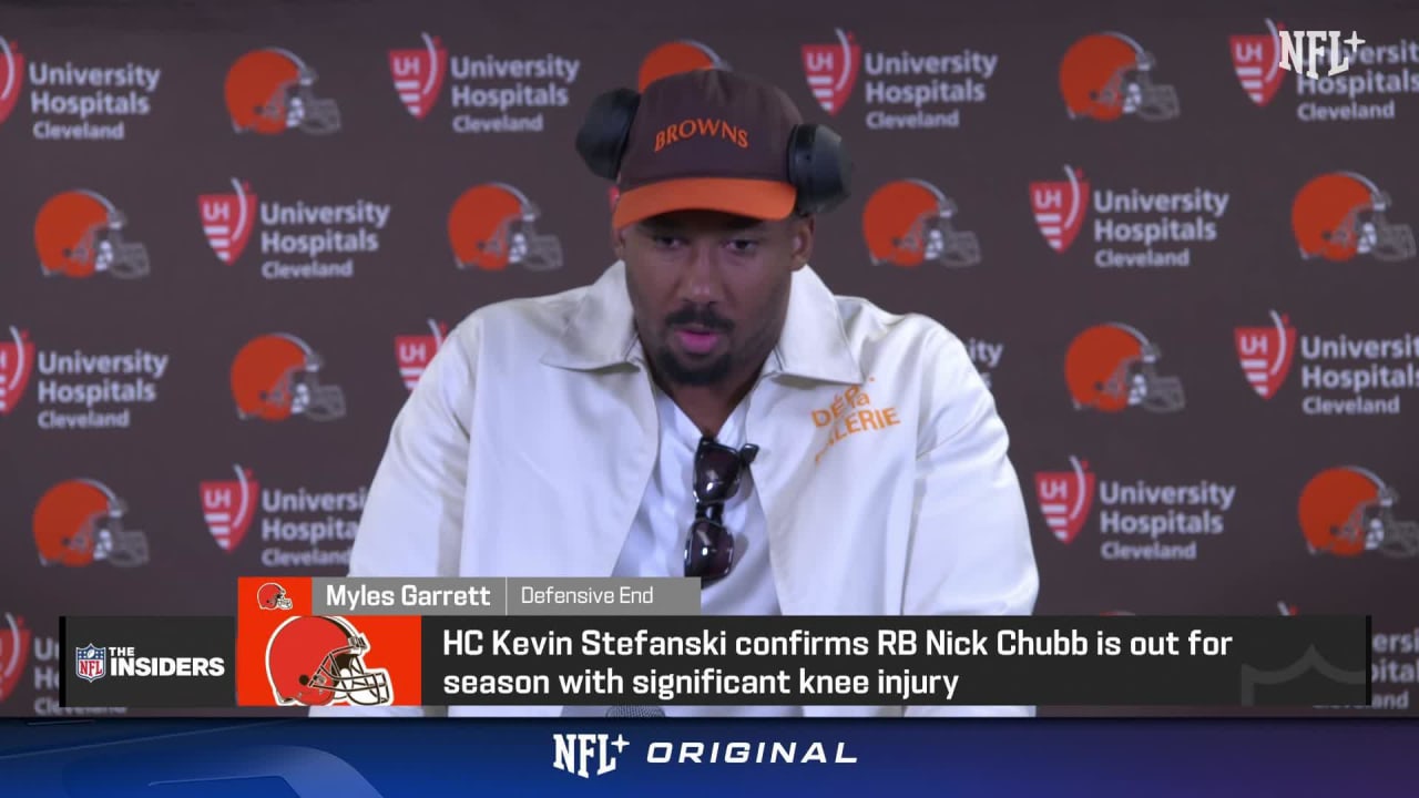 Cleveland Browns defensive end Myles Garrett reacts to Nick Chubb's ...