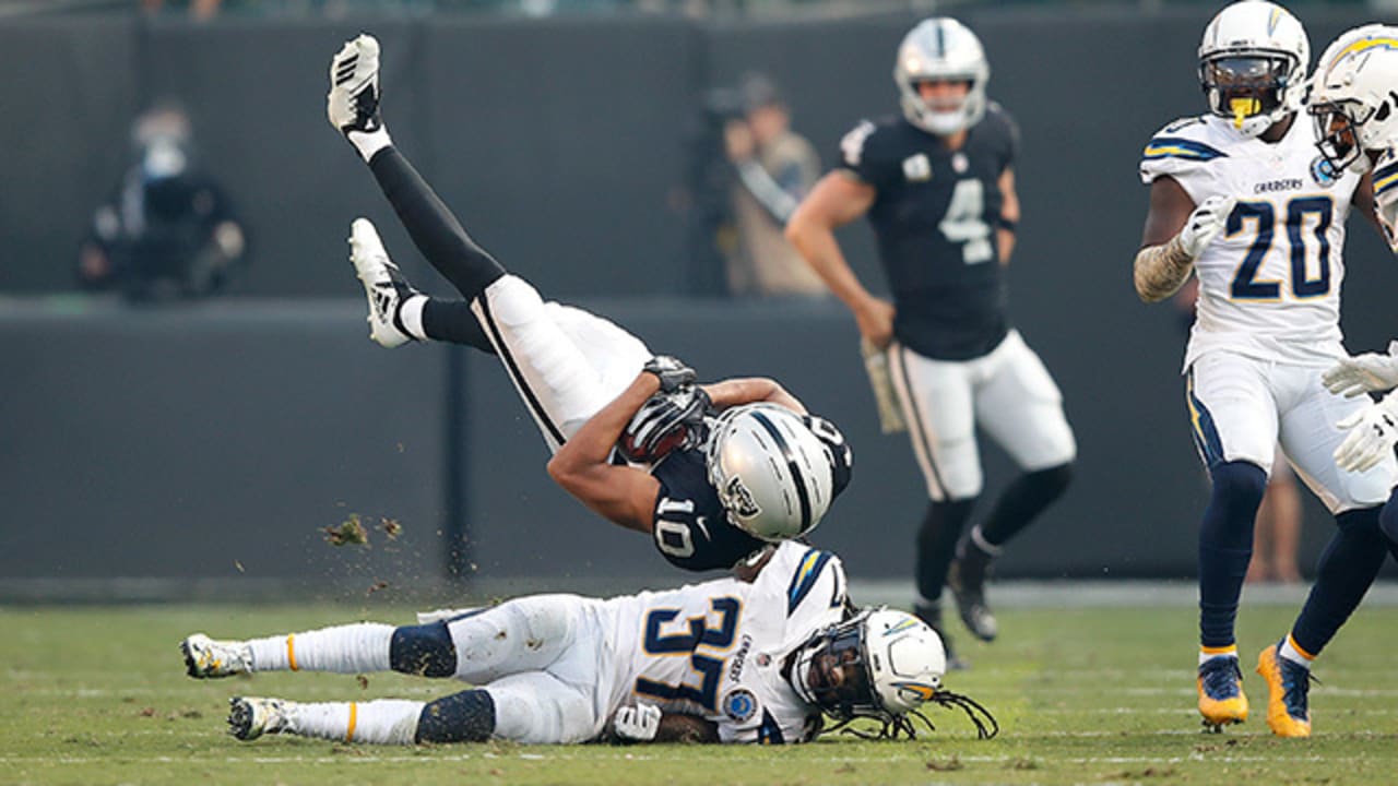 Seth Roberts gets flipped after 15-yard catch