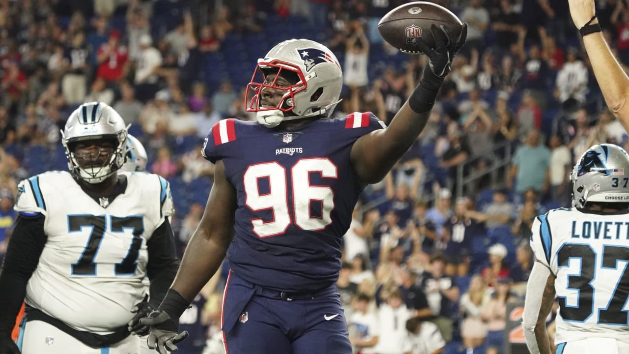 New England Patriots defensive end DaMarcus Mitchell punches football ...