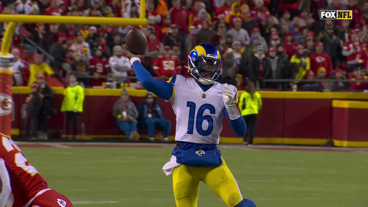 Los Angeles Rams quarterback Bryce Perkins hits Rams wide receiver Tutu ...