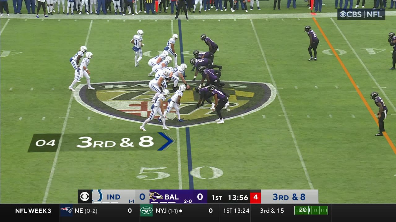 Baltimore Ravens safety Kyle Hamilton flies of edge for third-down sack