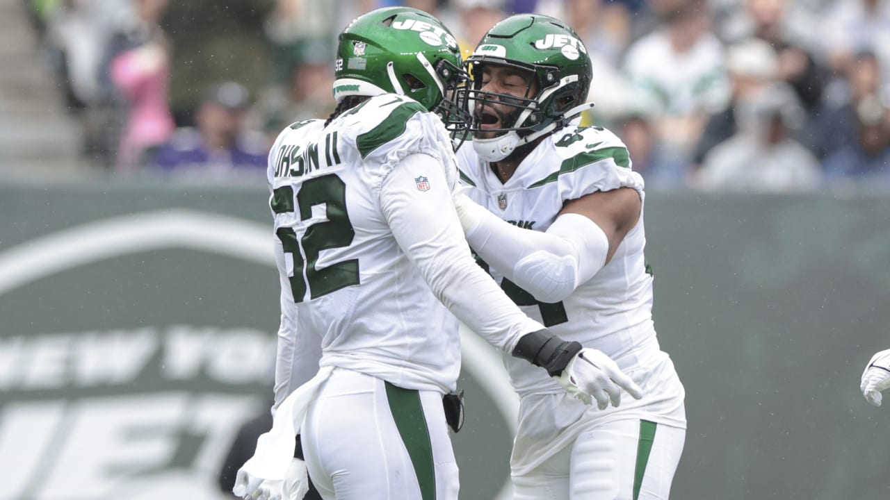 New York Jets defensive end Jermaine Johnson II teams up with defensive end Jake Martin for sack ...