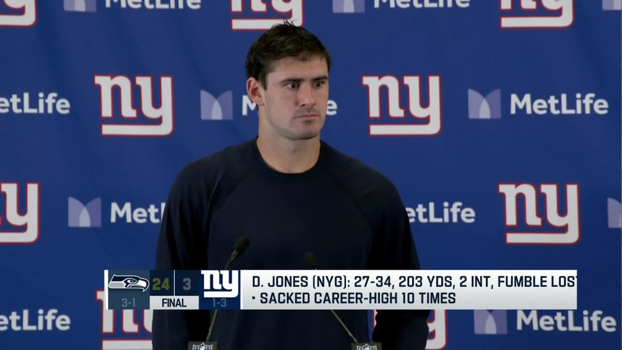 New York Giants quarterback Daniel Jones talks to press following Week ...