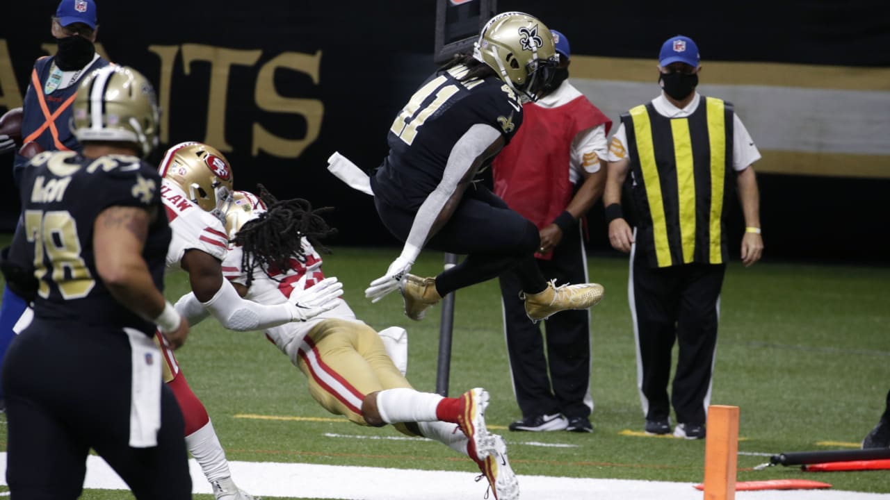 New Orleans Saints running back Alvin Kamara LEAPS over San Francisco ...