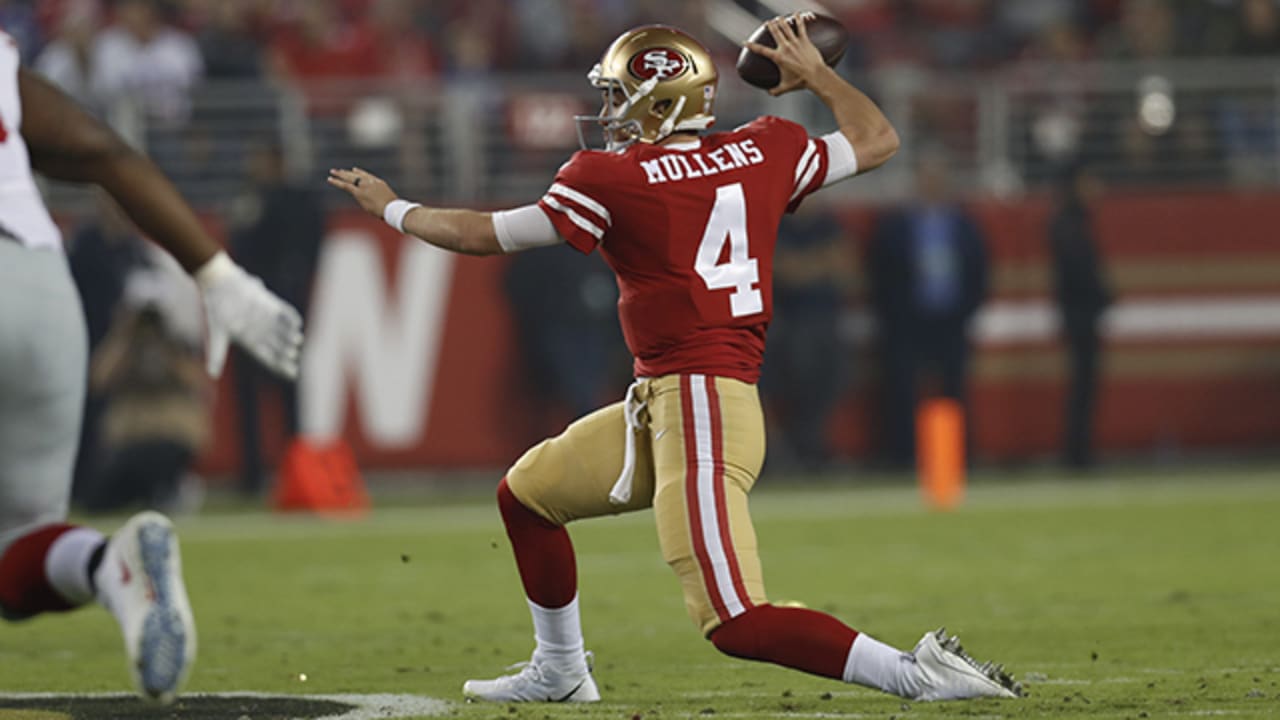 Nick Mullens slings first-down pass from his knees
