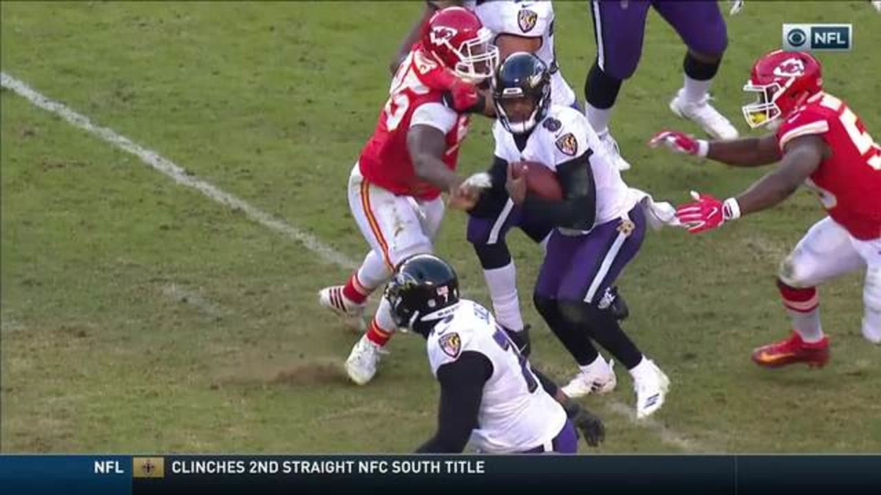 Lamar Jackson leaves the field after sack from Houston, Ford