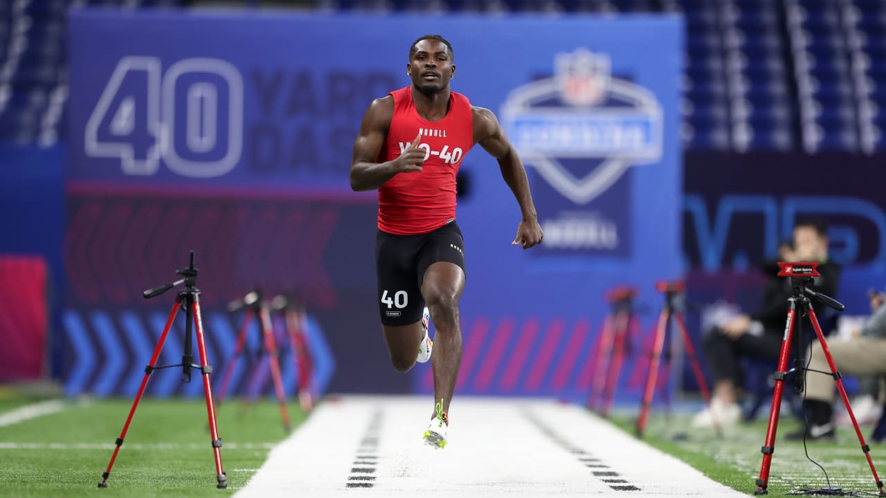 Wide receiver Jayden Reed runs the 40-yard dash at the 2023 NFL ...