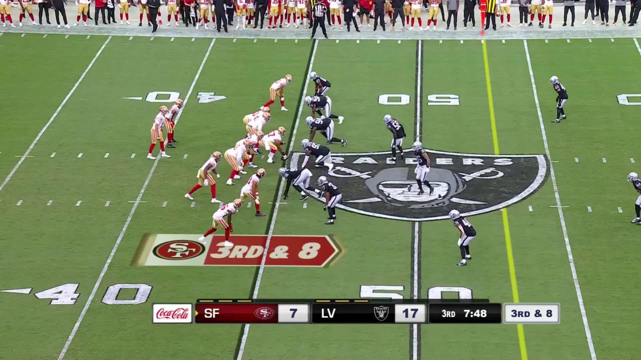 San Francisco 49ers quarterback Sam Darnold's 15-yard out route hits ...