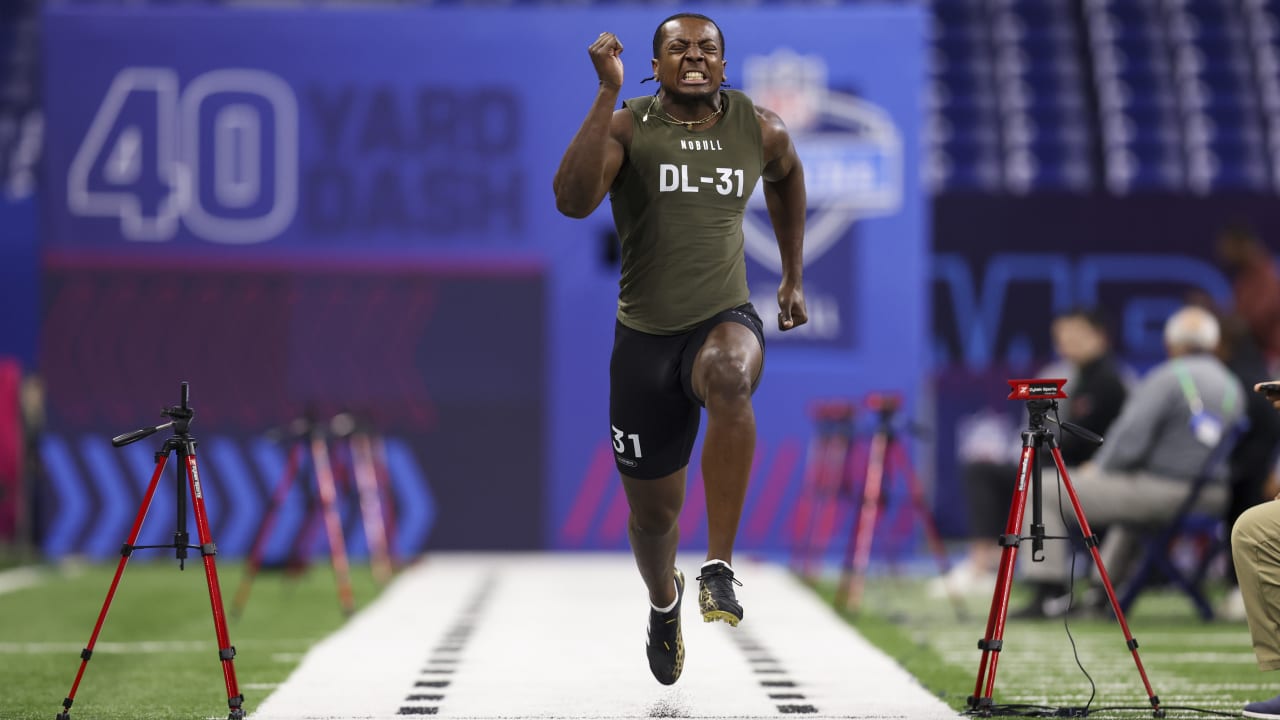 Edge rusher Nick Hampton runs the 40-yard dash at the 2023 NFL Scouting ...