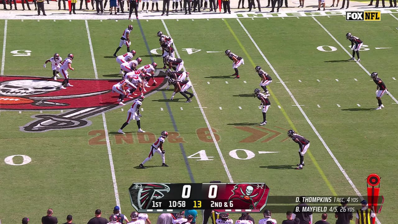 Tampa Bay Buccaneers quarterback Baker Mayfield overshoots wide-open wide receiver Chris Godwin ...