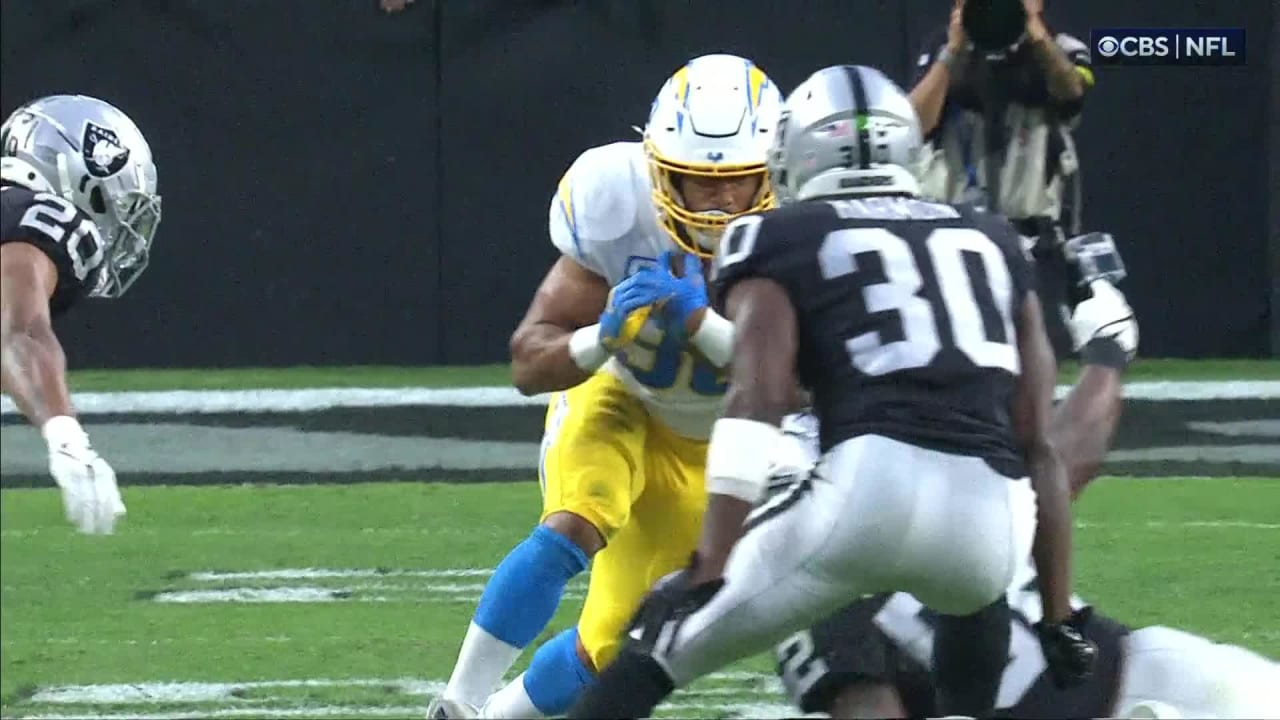 Las Vegas Raiders safety Duron Harmon's forced fumble on Los Angeles Chargers Austin Ekeler ...