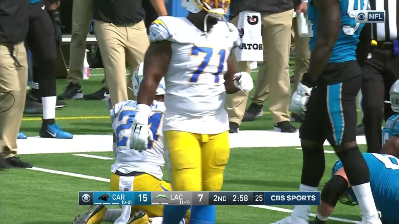 Los Angeles Chargers defensive end Isaac Rochell blocks extra-point attempt