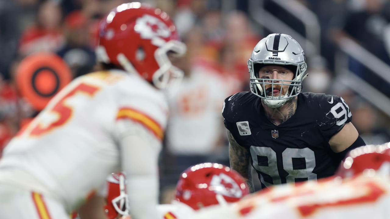 Las Vegas Raiders defensive end Maxx Crosby flushes Kansas City Chiefs quarterback Patrick ...