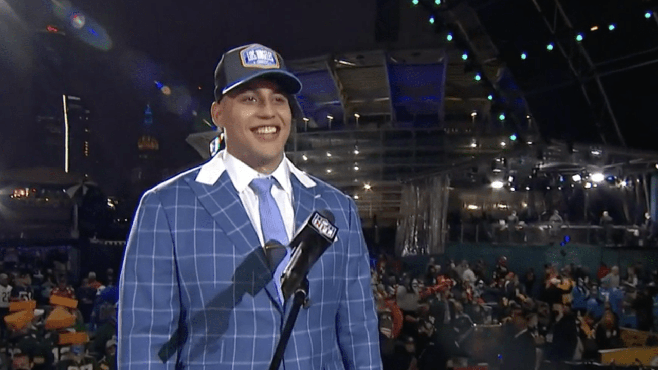 Los Angeles Chargers tackle Rashawn Slater reacts to being drafted by ...