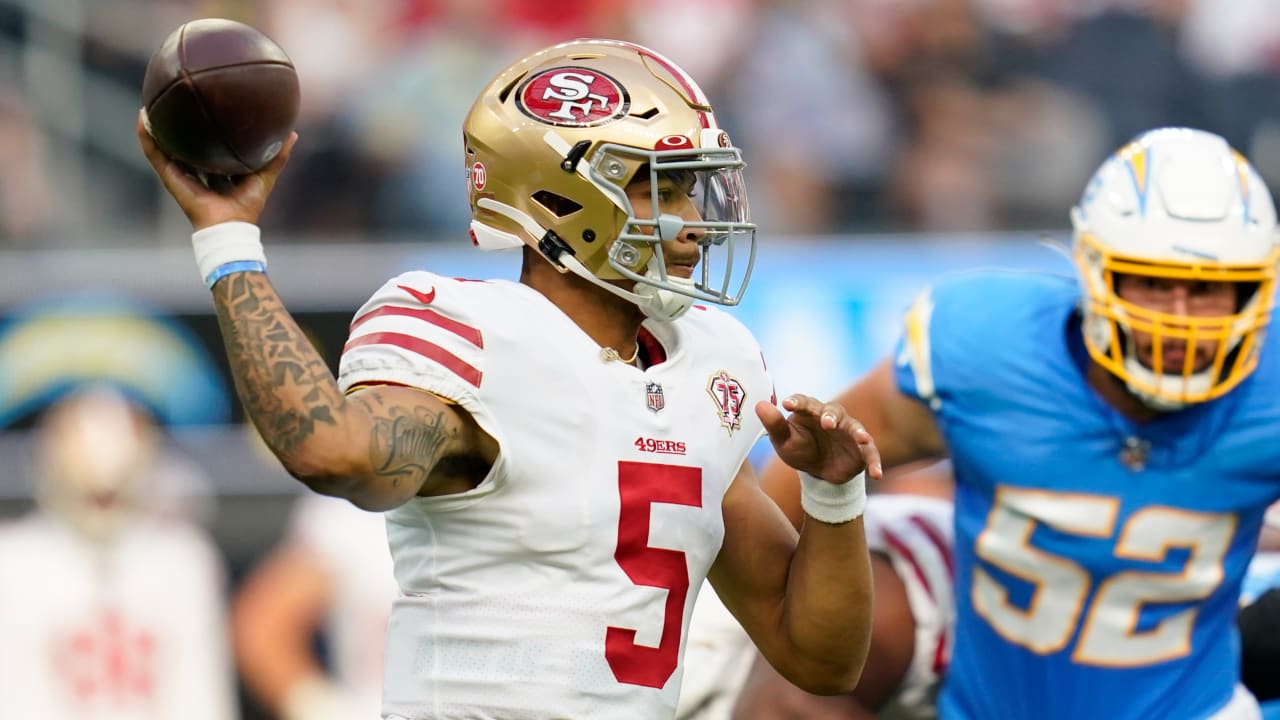 San Francisco 49ers quarterback Trey Lance's sideline loft to wide ...