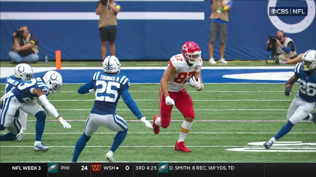 Kansas City Chiefs tight end Travis Kelce bounces off two Indianapolis Colts on 20-yard catch ...