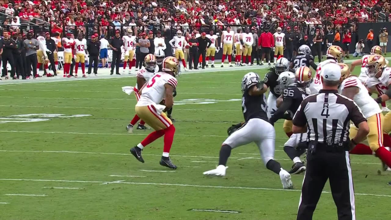 Las Vegas Raiders defensive tackle Adam Butler swarms San Francisco ...