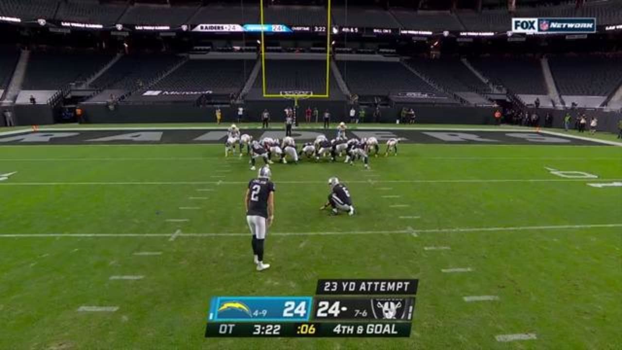 Las Vegas Raiders kicker Daniel Carlson drills 23-yard field goal to give Raiders lead in OT