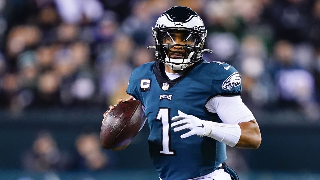 Philadelphia Eagles quarterback Jalen Hurts' running jump pass hits ...