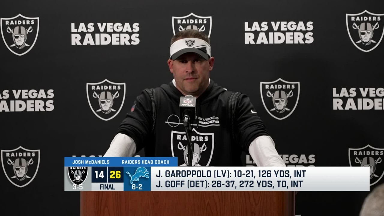 Las Vegas Raiders head coach Josh McDaniels talks to press following ...