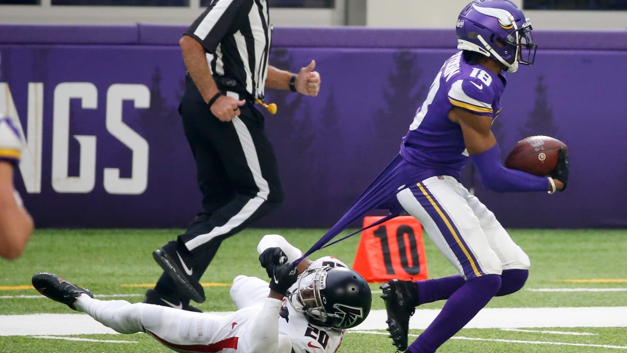 Minnesota Vikings wide receiver Justin 'Jets' Jefferson flies through the Atlanta Falcons ...