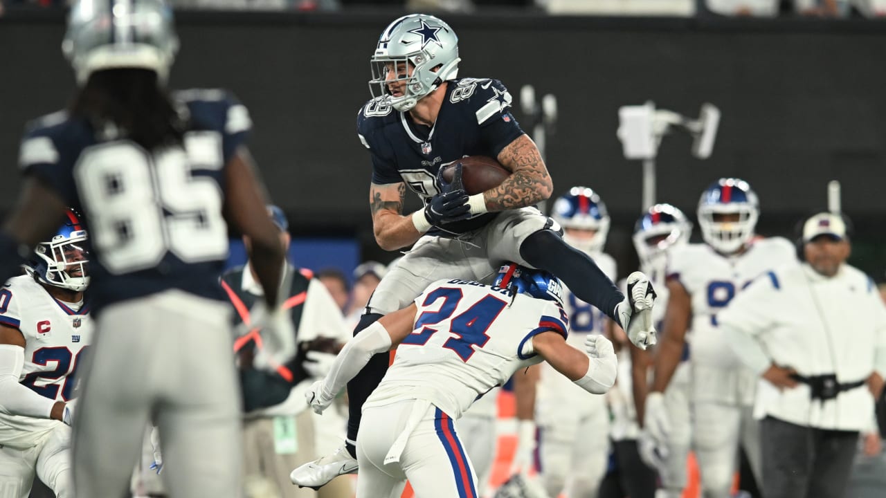 Dallas Cowboys tight end Peyton Hendershot takes to the air for hurdle ...