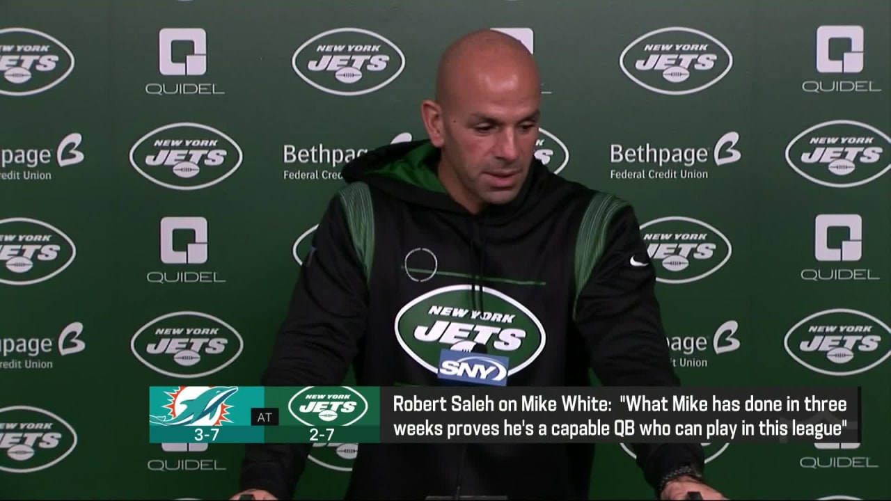 New York Jets head coach Robert Saleh talks quarterback Mike White, starting Joe Flacco vs ...