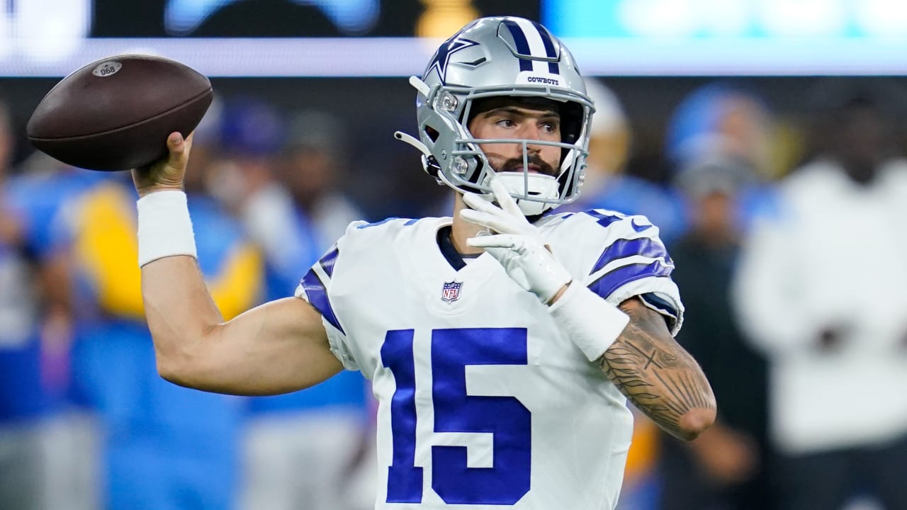 Dallas Cowobys quarterback Will Grier airs out a 32-yard sideline ...