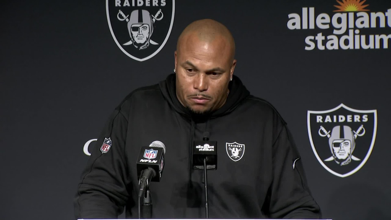 Las Vegas Raiders interim head coach Antonio Pierce reacts to winning his coaching debut in Week ...