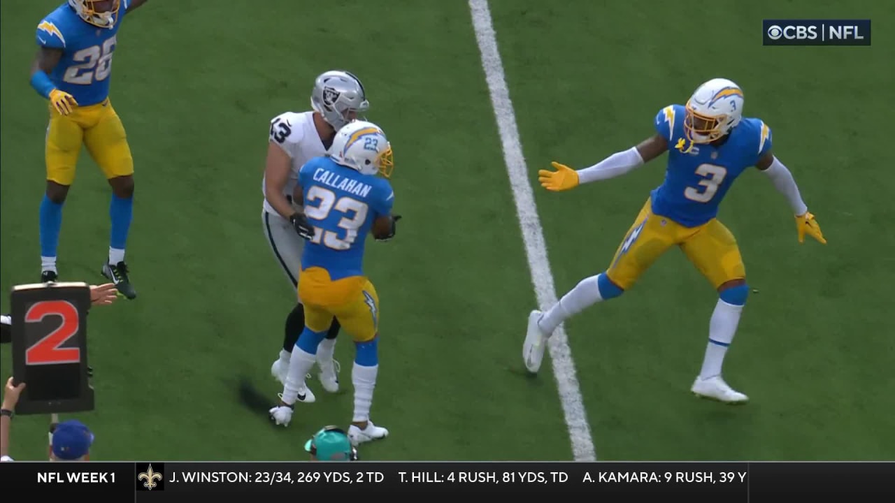 Los Angeles Chargers defensive back Bryce Callahan picks off Las Vegas ...