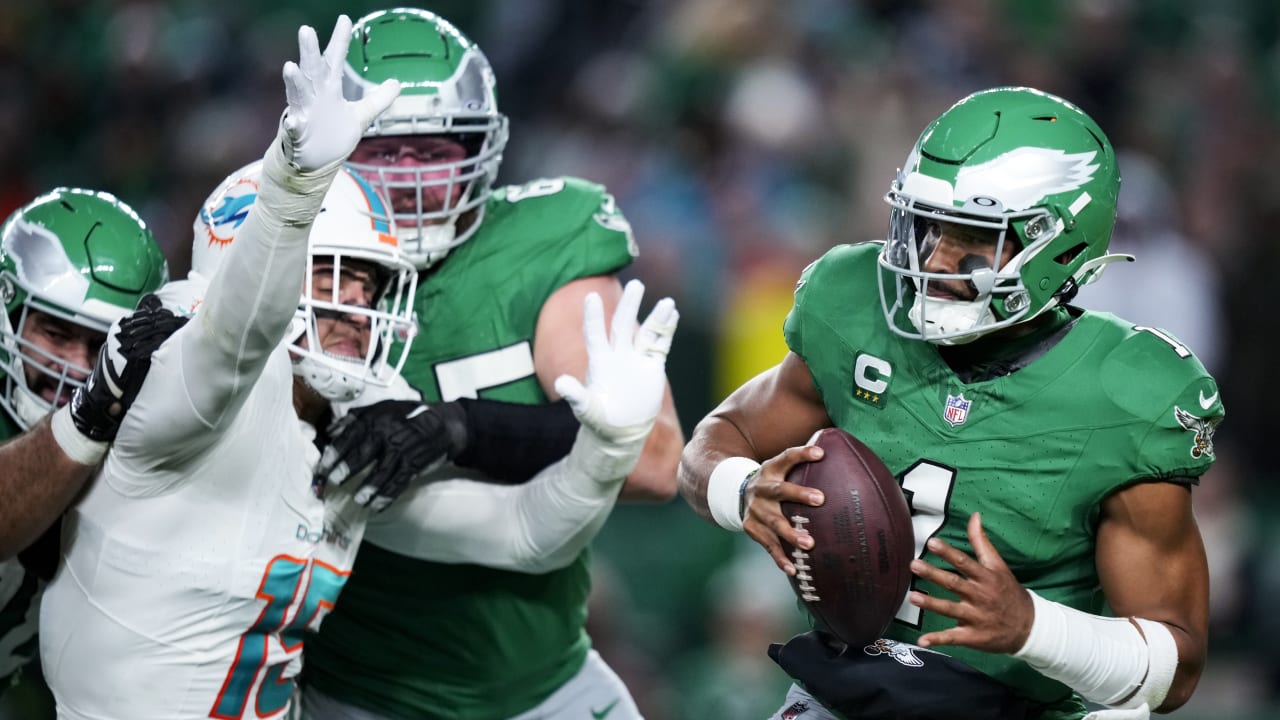 Miami Dolphins outside linebacker Jaelan Phillips' strip-sack of Philadelphia Eagles quarterback ...