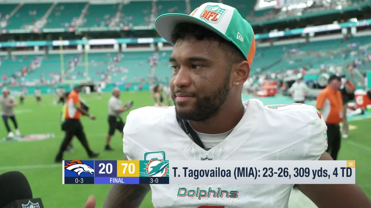 Miami Dolphins quarterback Tua Tagovailoa reacts to Dolphins 70-point ...
