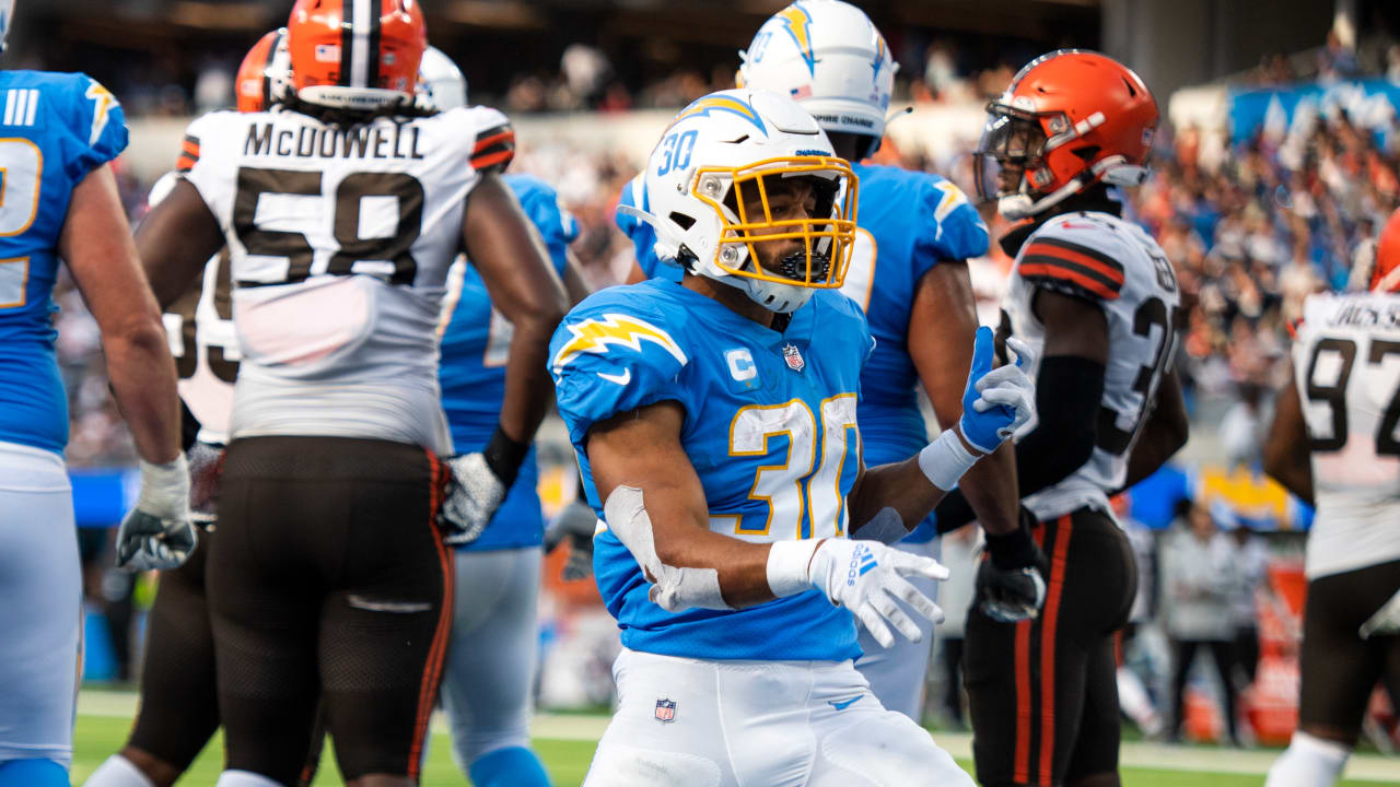 Los Angeles Chargers running back Austin Ekeler corkscrews into the end zone for TD No. 2