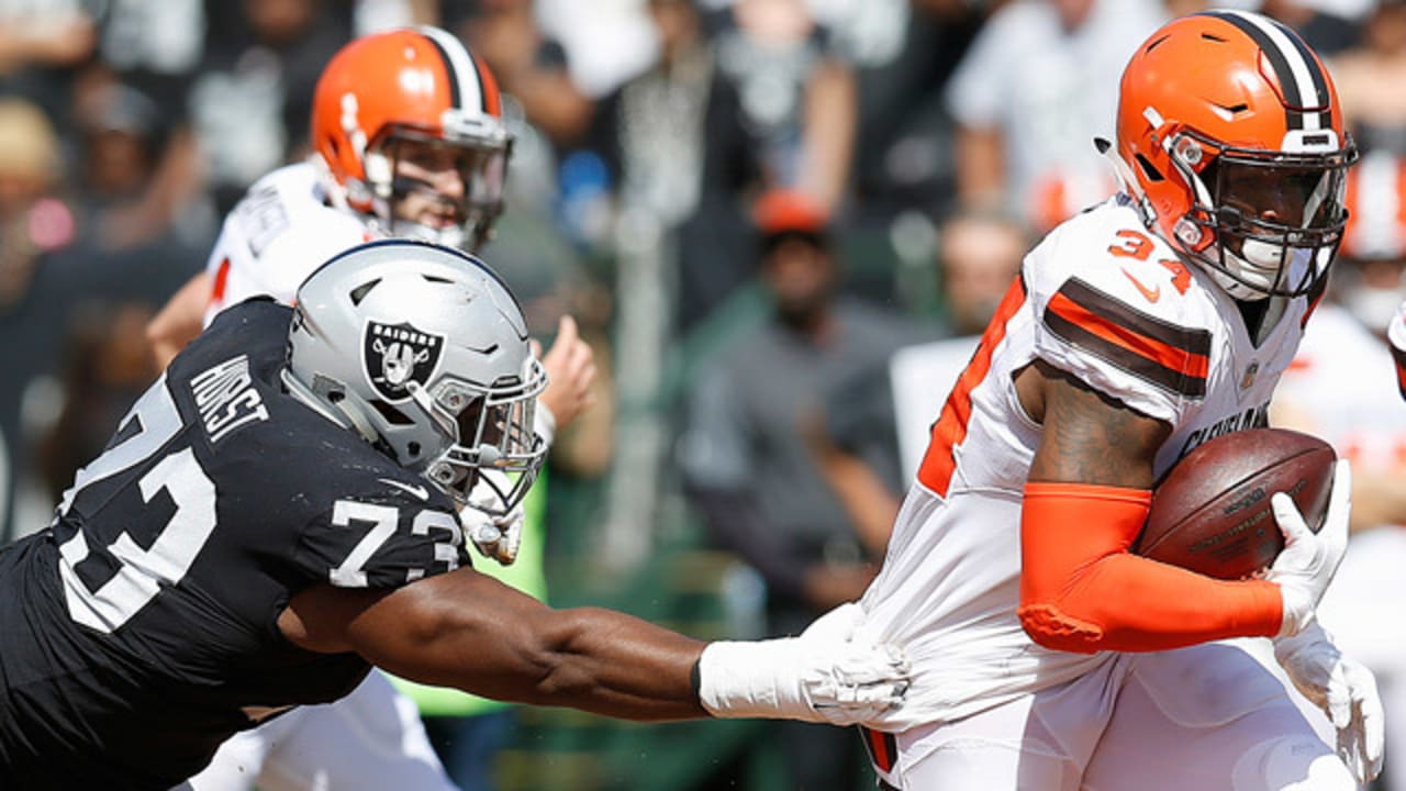 Raiders recover Baker Mayfield's fumble after strip sack