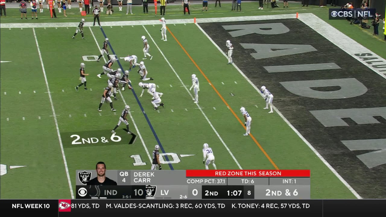 Las Vegas Raiders wide receiver Davante Adams twists around for one-handed catch in red zone