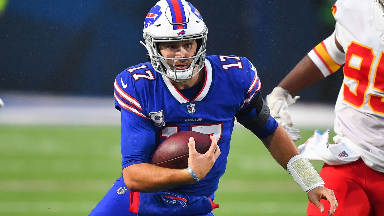 Buffalo Bills quarterback Josh Allen lunges to pick up early third-down ...