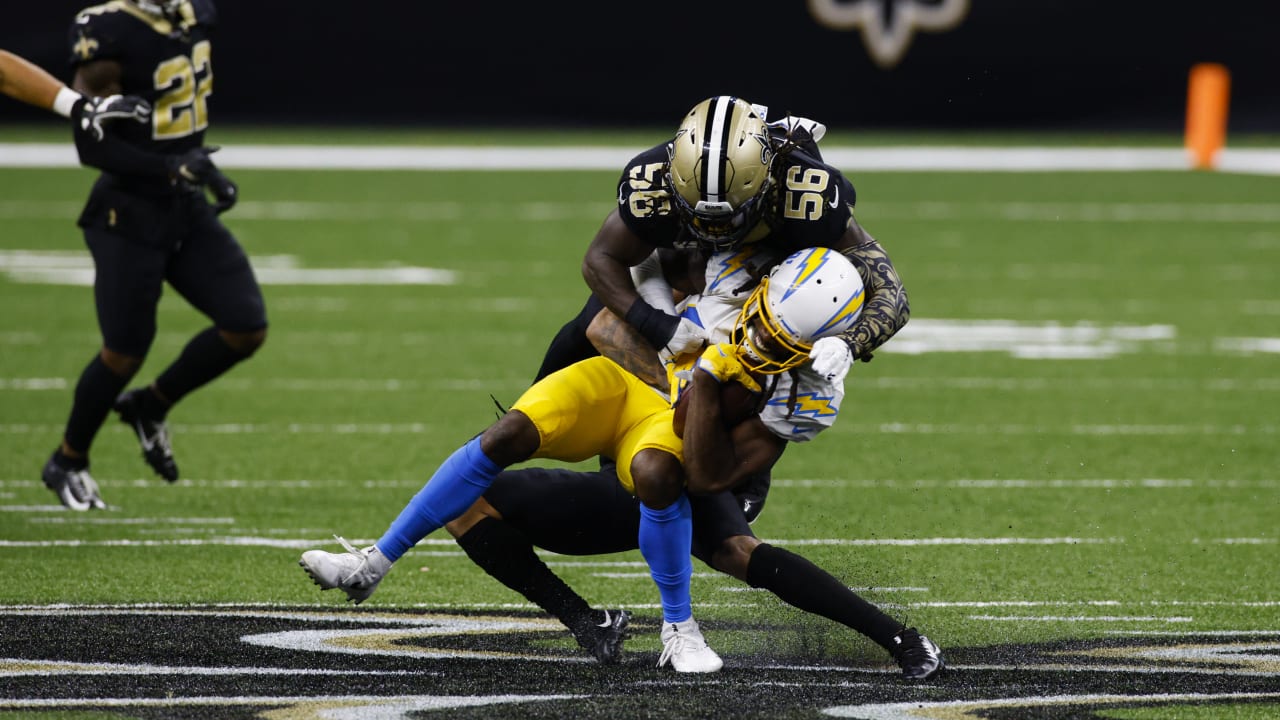 New Orleans Saints cornerback Marshon Lattimore drops Los Angeles Chargers wide receiver Mike ...