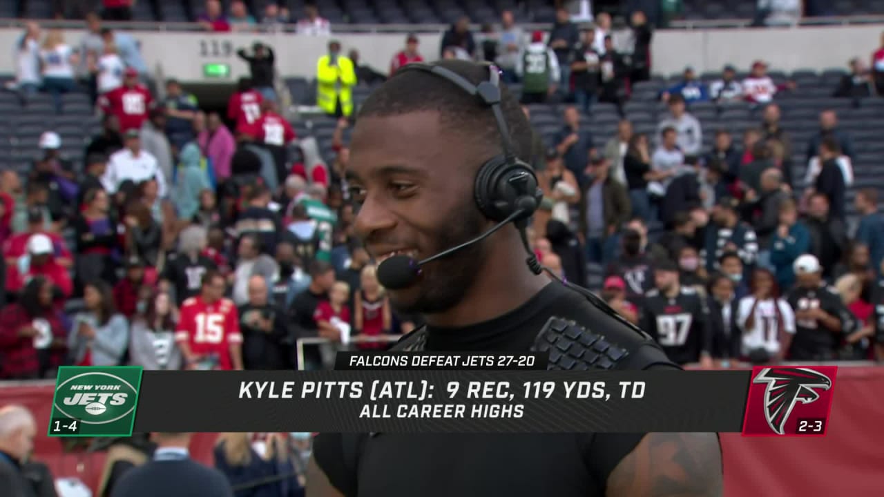 Atlanta Falcons tight end Kyle Pitts reacts to first NFL TD in London