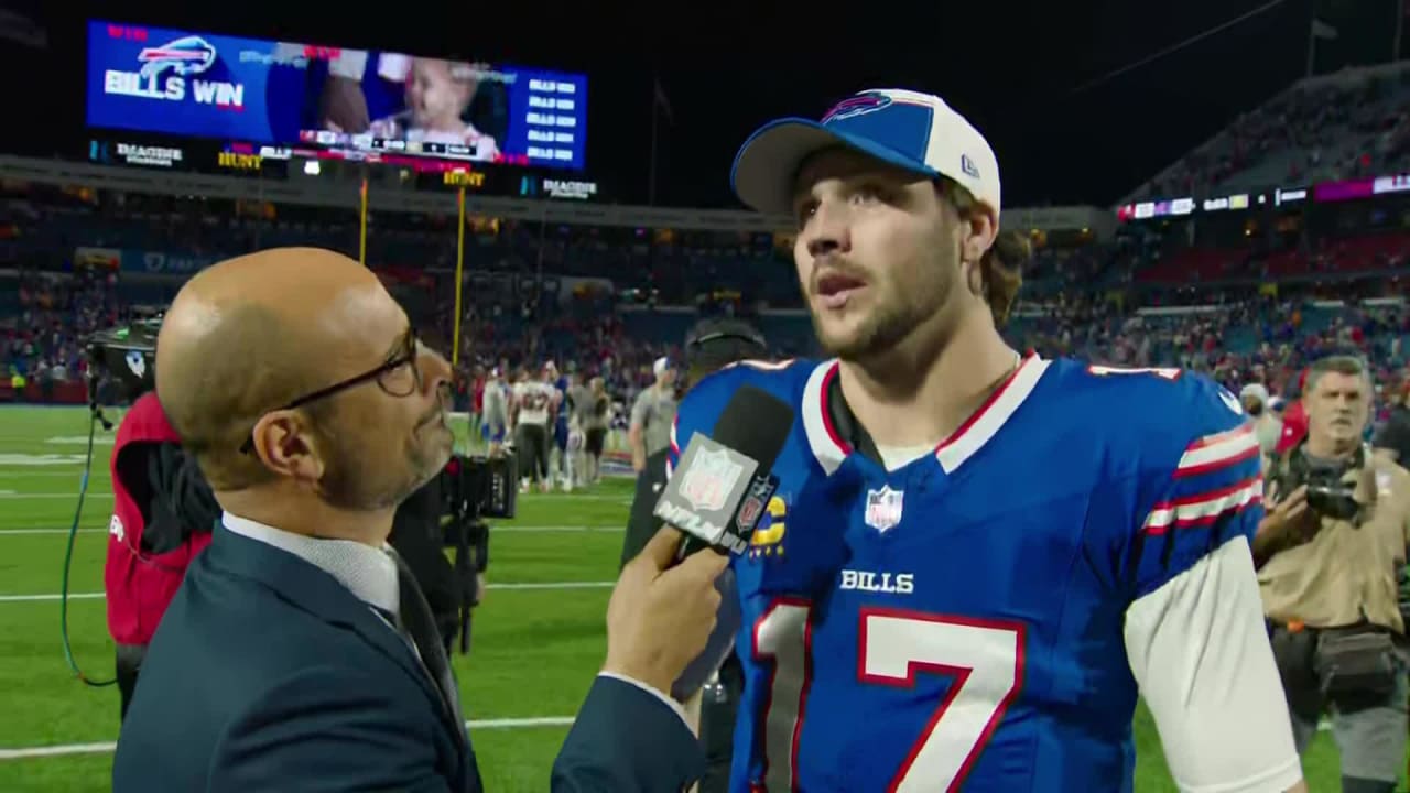 Buffalo Bills quarterback Josh Allen reacts to the Bills' 'Thursday Night Football' win over the ...