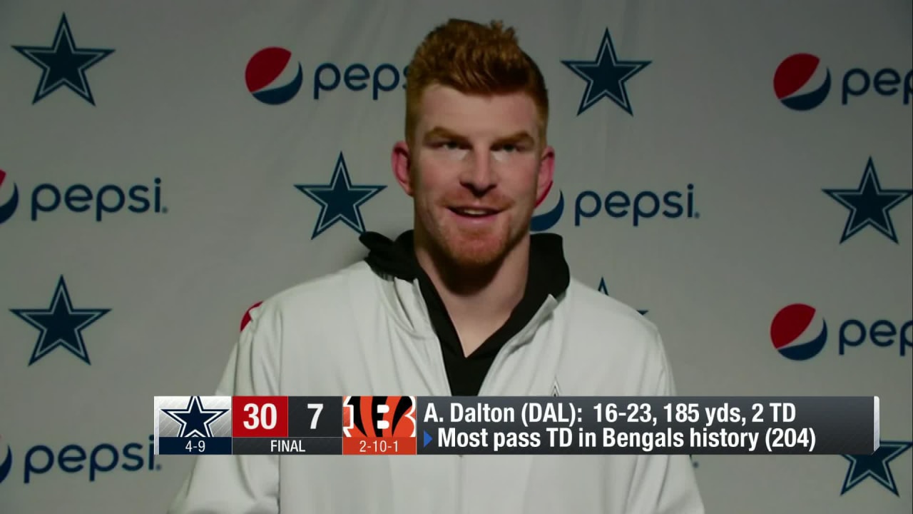 Dallas Cowboys quarterback Andy Dalton reacts to win vs. former team ...