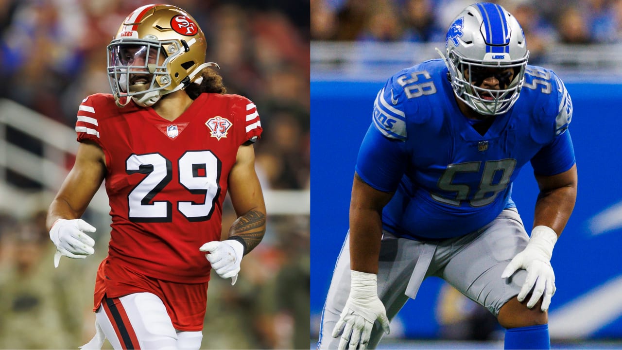 San Francisco 49ers safety Talanoa Hufanga and Detroit Lions offensive ...