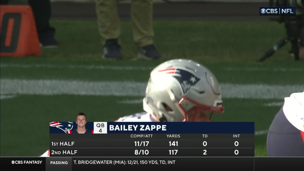 New England Patriots quarterback Bailey Zappe dots wide receiver Jakobi ...