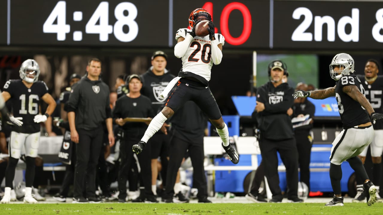 Cincinnati Bengals cornerback Eli Apple goes skyward to snag his first ...