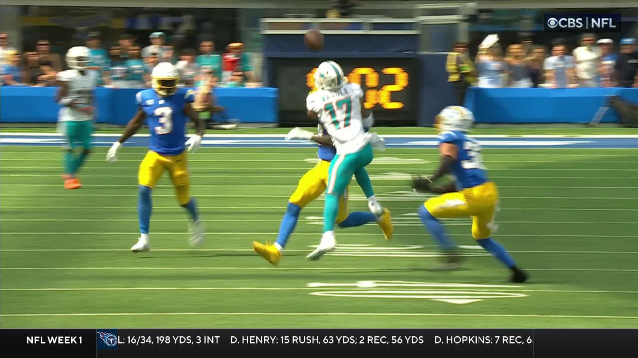 Los Angeles Chargers cornerback Michael Davis bats away Miami Dolphins ...