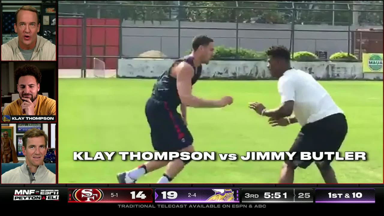 Basketball player Klay Thompson reacts to video of him running routes ...